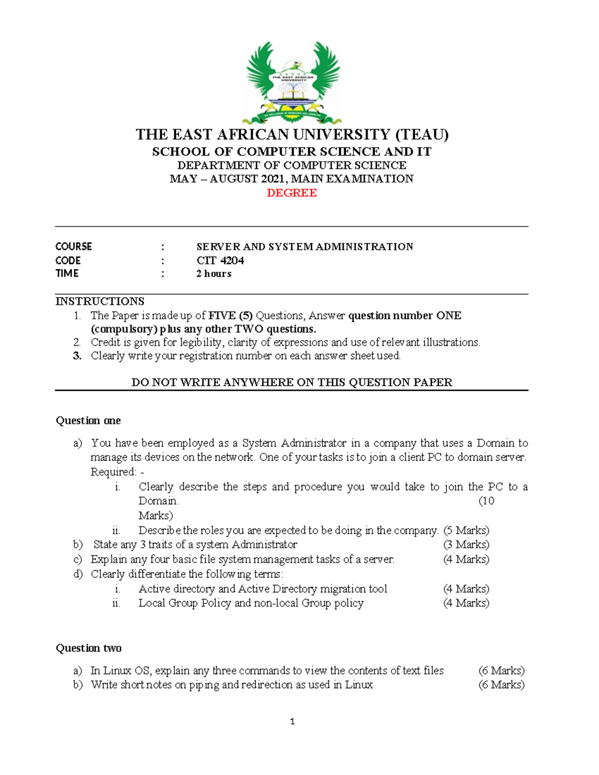 Server & System Administration May 2021 - THE EAST AFRICAN UNIVERSITY ...