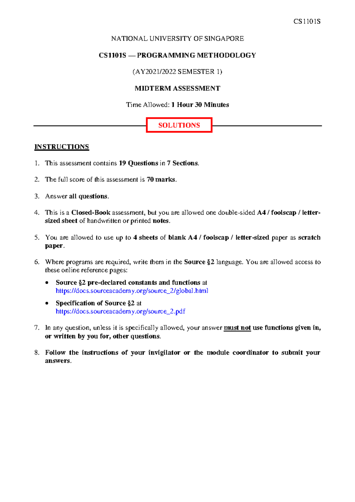 Midterm 2122s1 solution - NATIONAL UNIVERSITY OF SINGAPORE CS1101S — PROGRAMMING METHODOLOGY ...