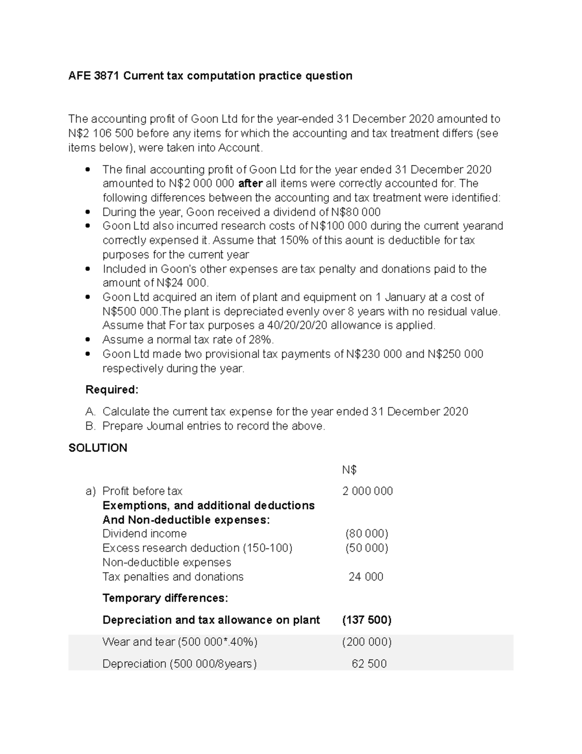 AFE 3871 Current tax computation practice question - The final ...