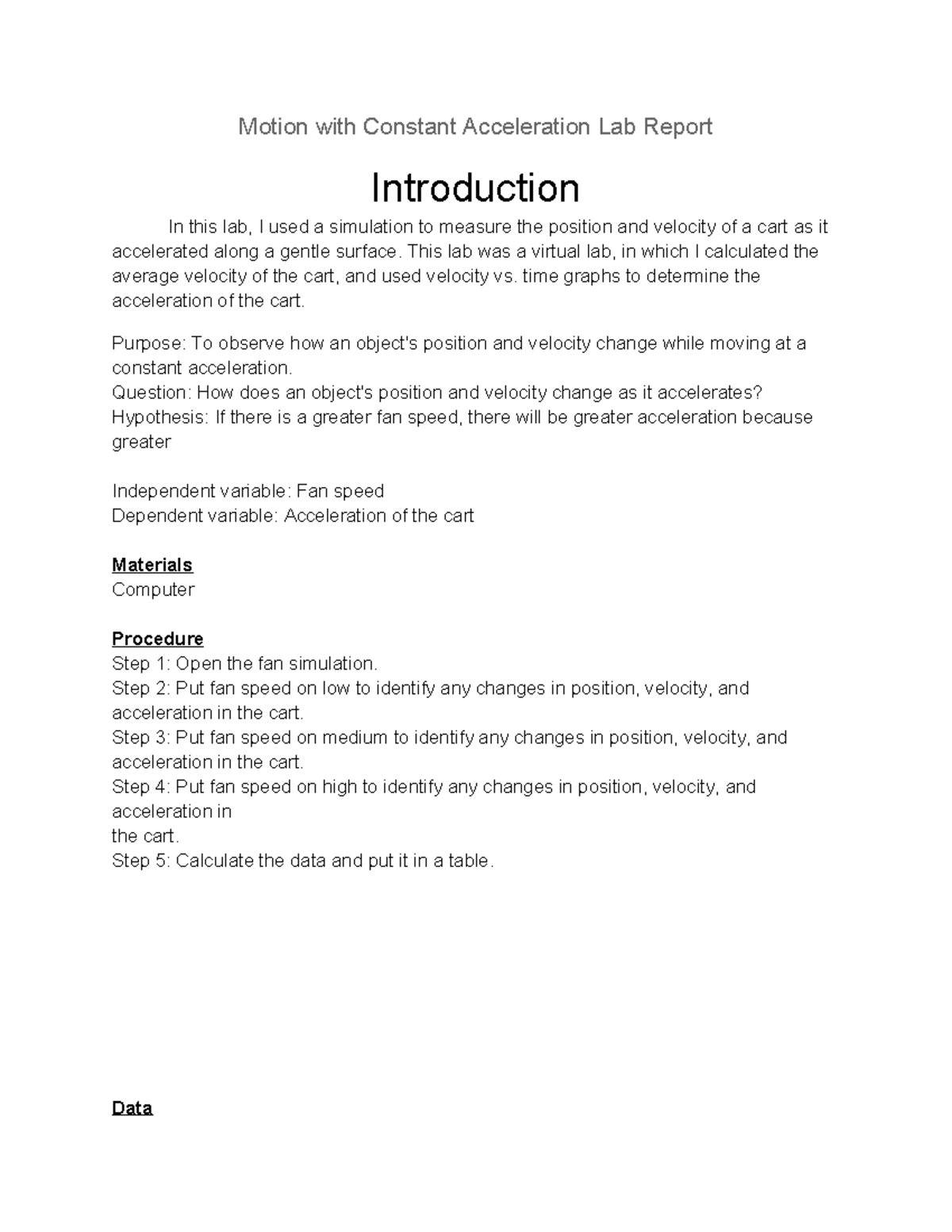 Untitled document - lab report - Motion with Constant Acceleration Lab Report Introduction In ...