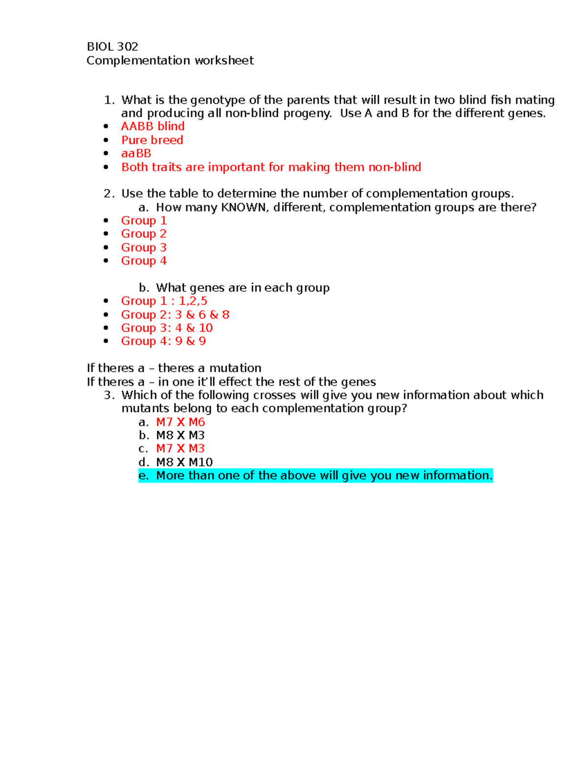 Complementation table - BIOL 302 Complementation worksheet What is the ...