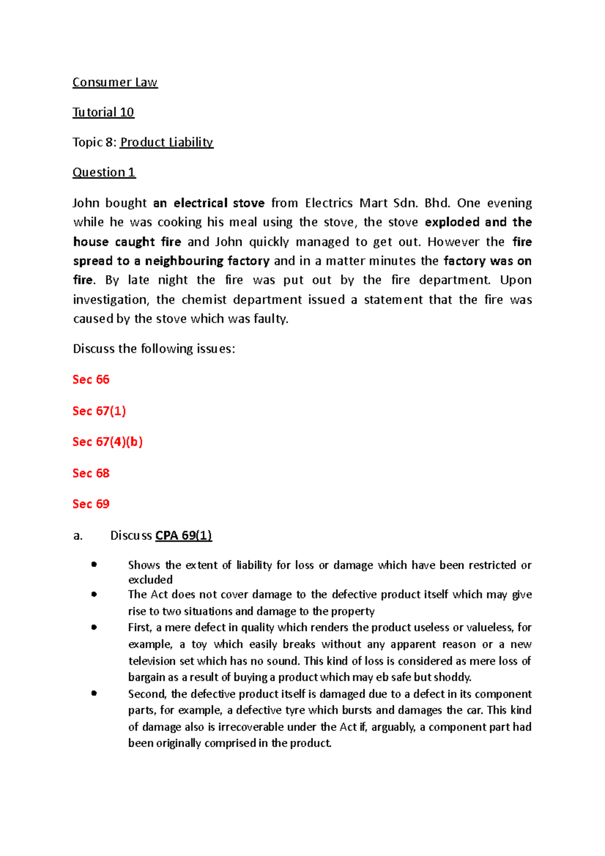 Consumer Law Tut 10 - Tutorial work - Consumer Law Tutorial 10 Topic 8 ...