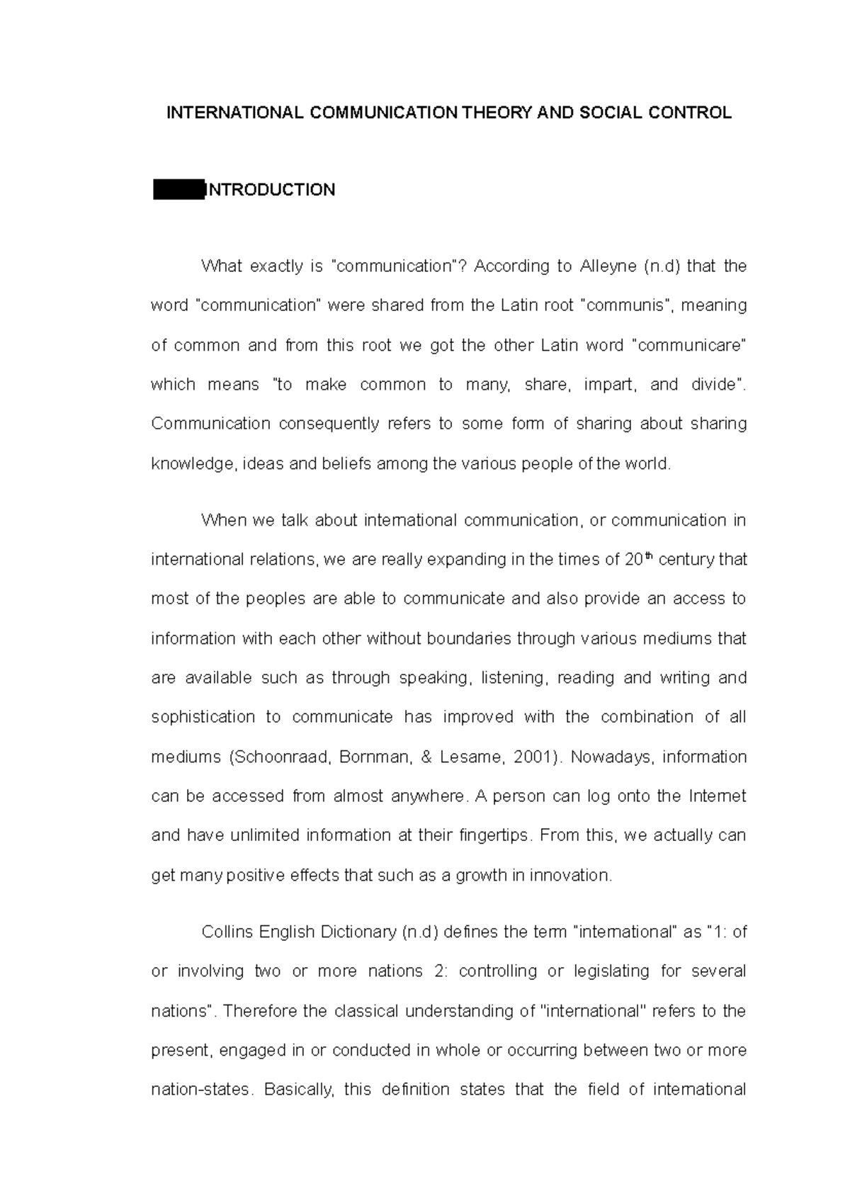 International Communication Theory AND S - INTERNATIONAL COMMUNICATION ...