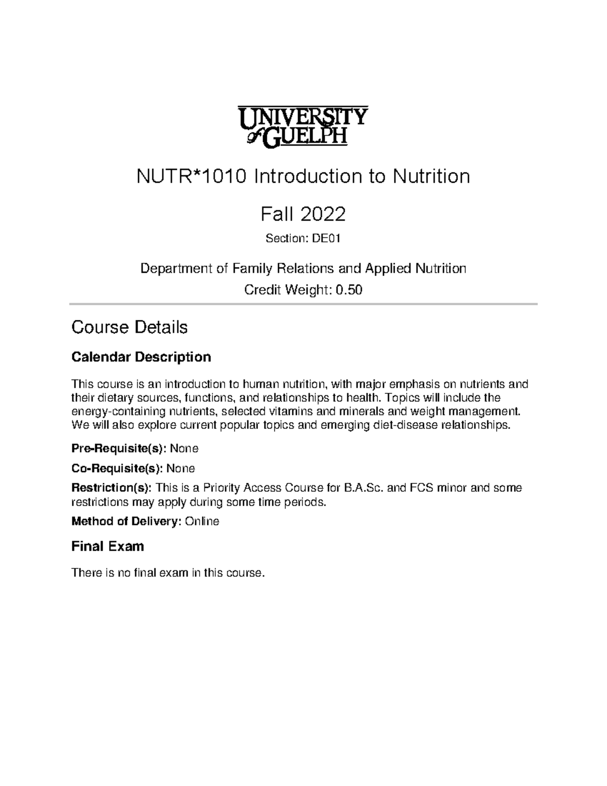 Outline NUTR1010 DE01 F22 final-2 - NUTR*1010 Introduction to Nutrition ...