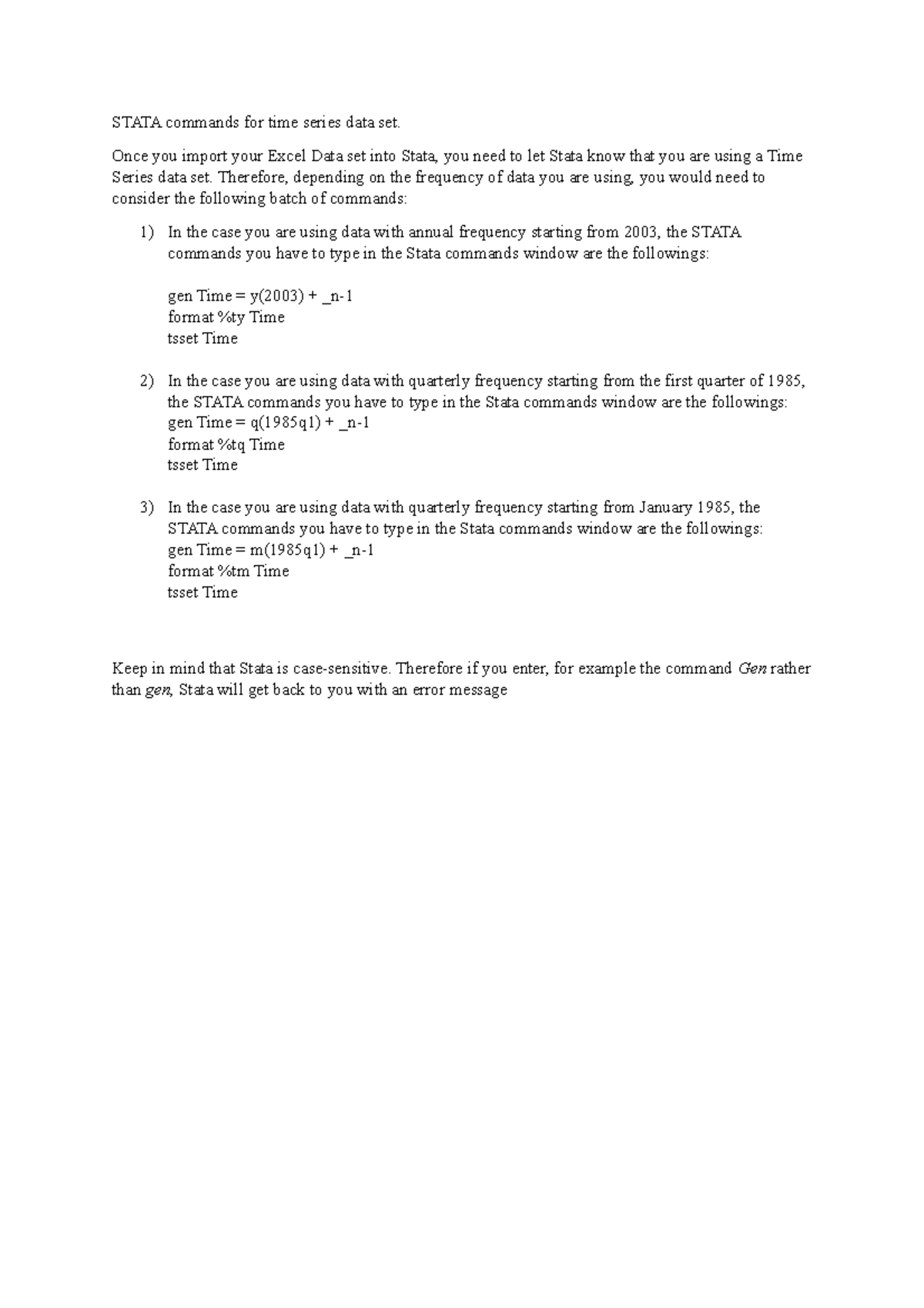 Stata Commands For Time Series Data Sets Once You Import Your Excel