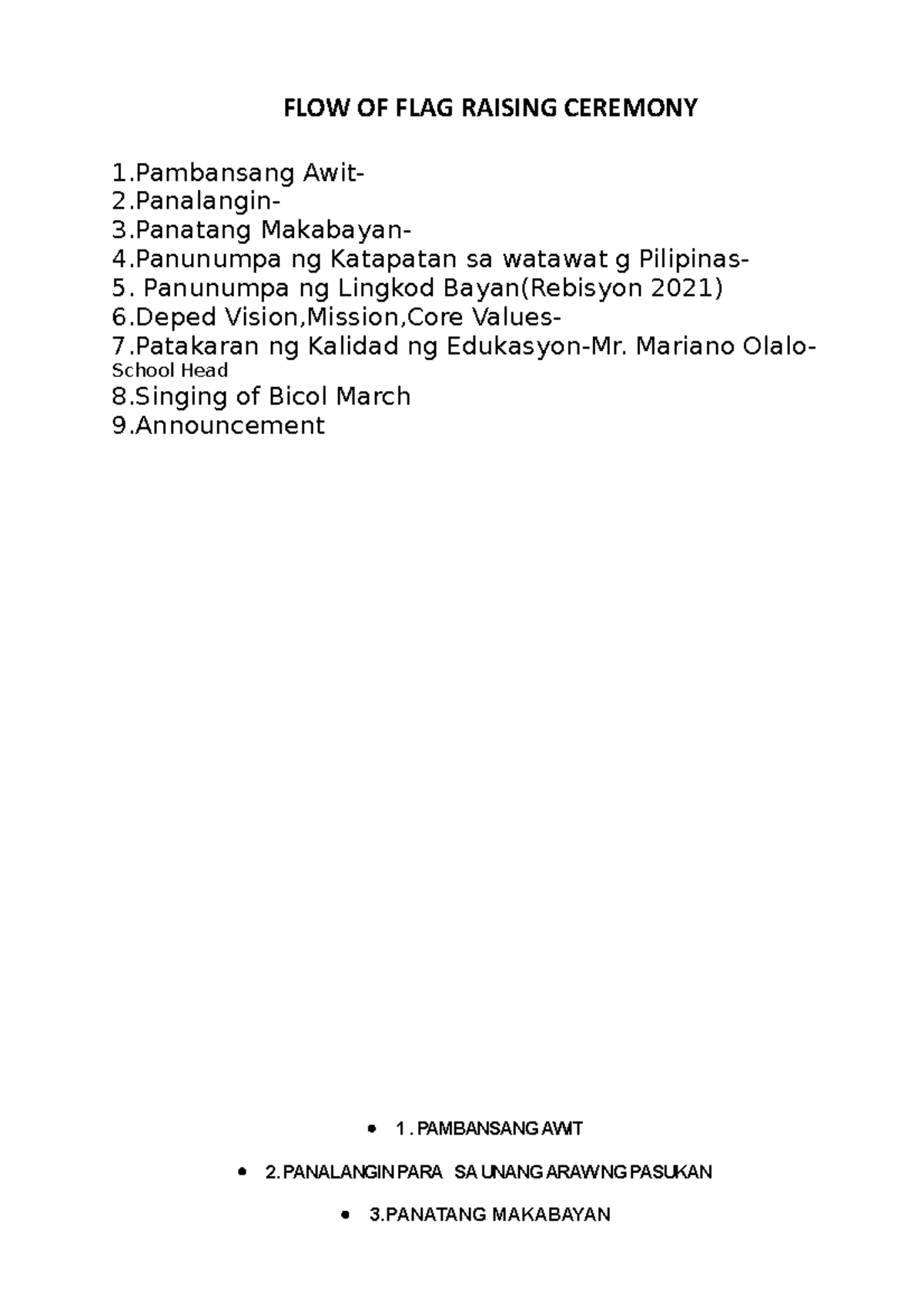 Flow of Flag Raising Ceremony - FLOW OF FLAG RAISING CEREMONY 1 Awit- 2 ...