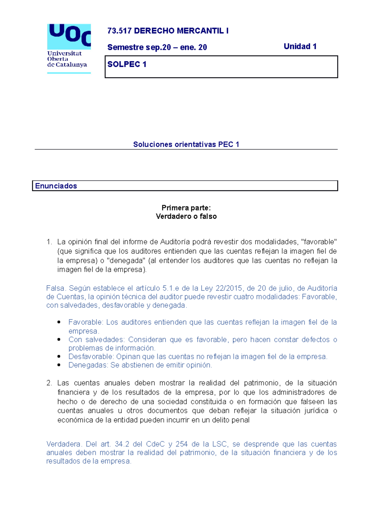 Solpec 1 - sol pec 1 - 73 DERECHO MERCANTIL I Semestre sep – ene. 20 Unidad 1 SOLPEC 1 ...