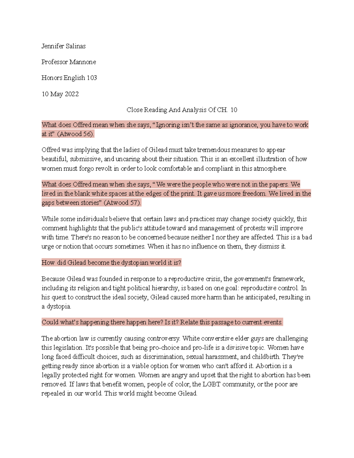 Close Reading & Analysis OF HT CH. 10 Passage Start Assignment ...