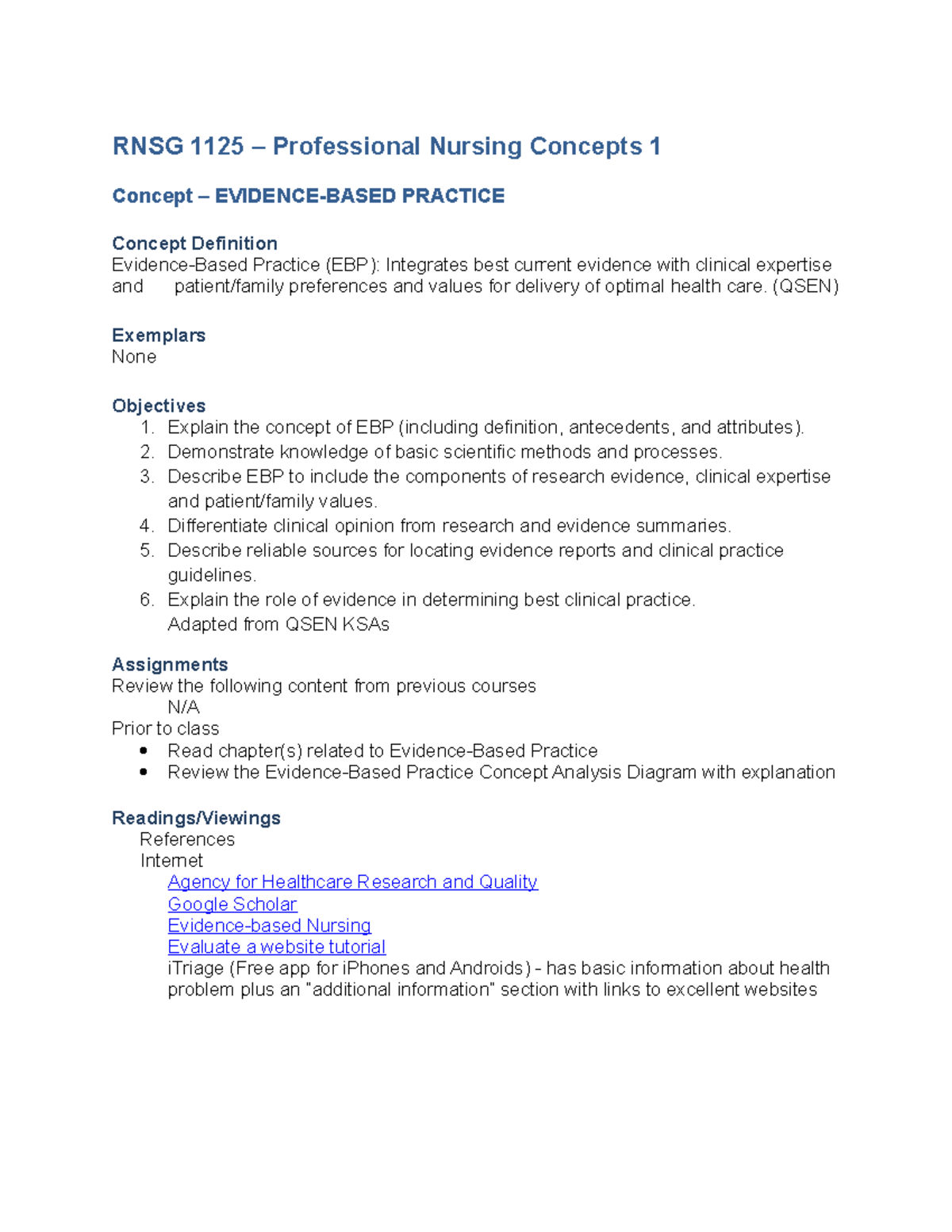Syllabus Evidence-Based Practice Student 6 - RNSG 1125 – Professional ...