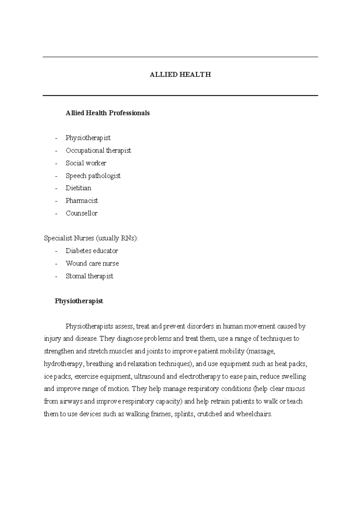 Allied Health - Lecture notes 4 - ALLIED HEALTH Allied Health ...