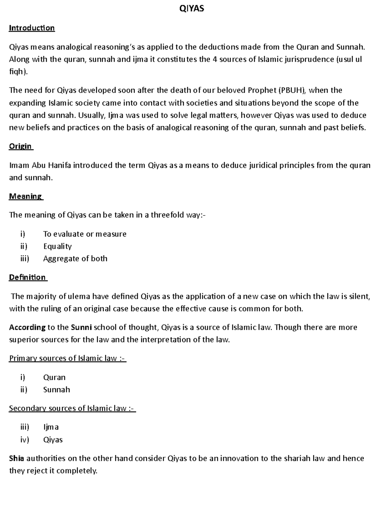 Qiyas - A brief summary - QIYAS Introduction Qiyas means analogical as ...