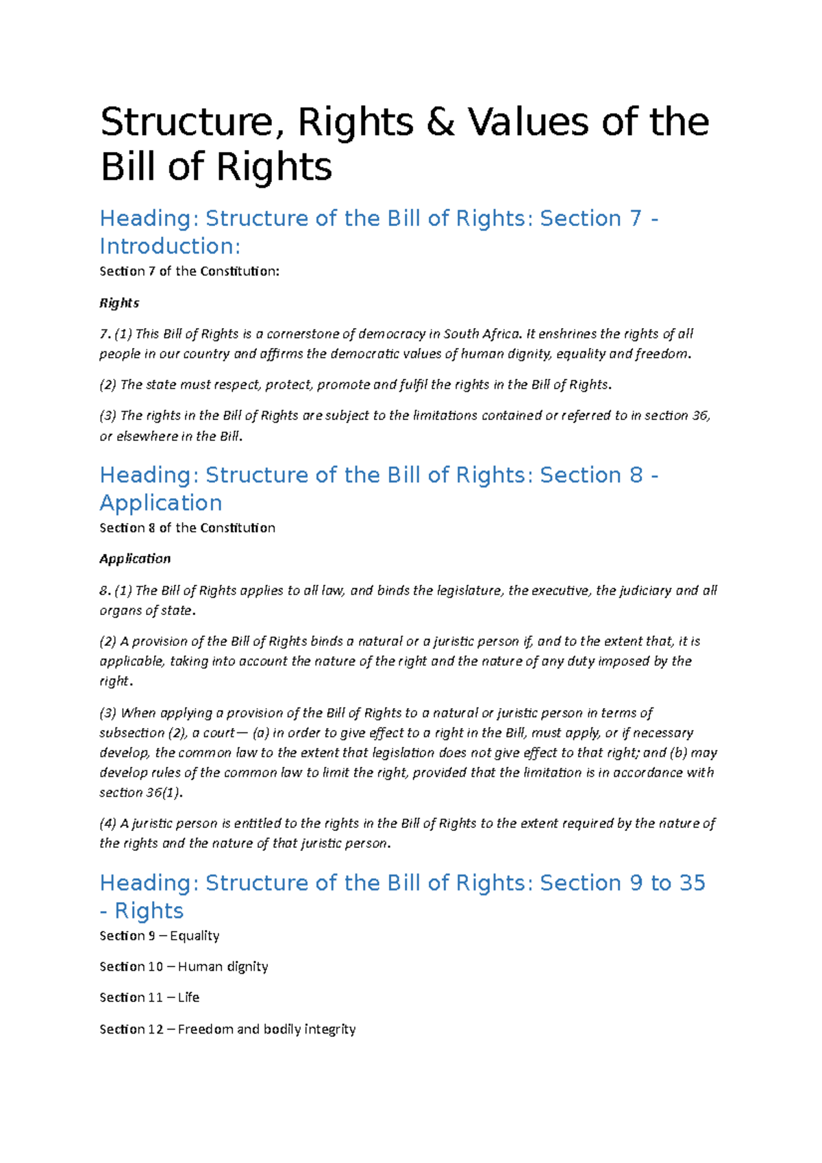 Introduction to the Bill of Rights word - Structure, Rights & Values of ...