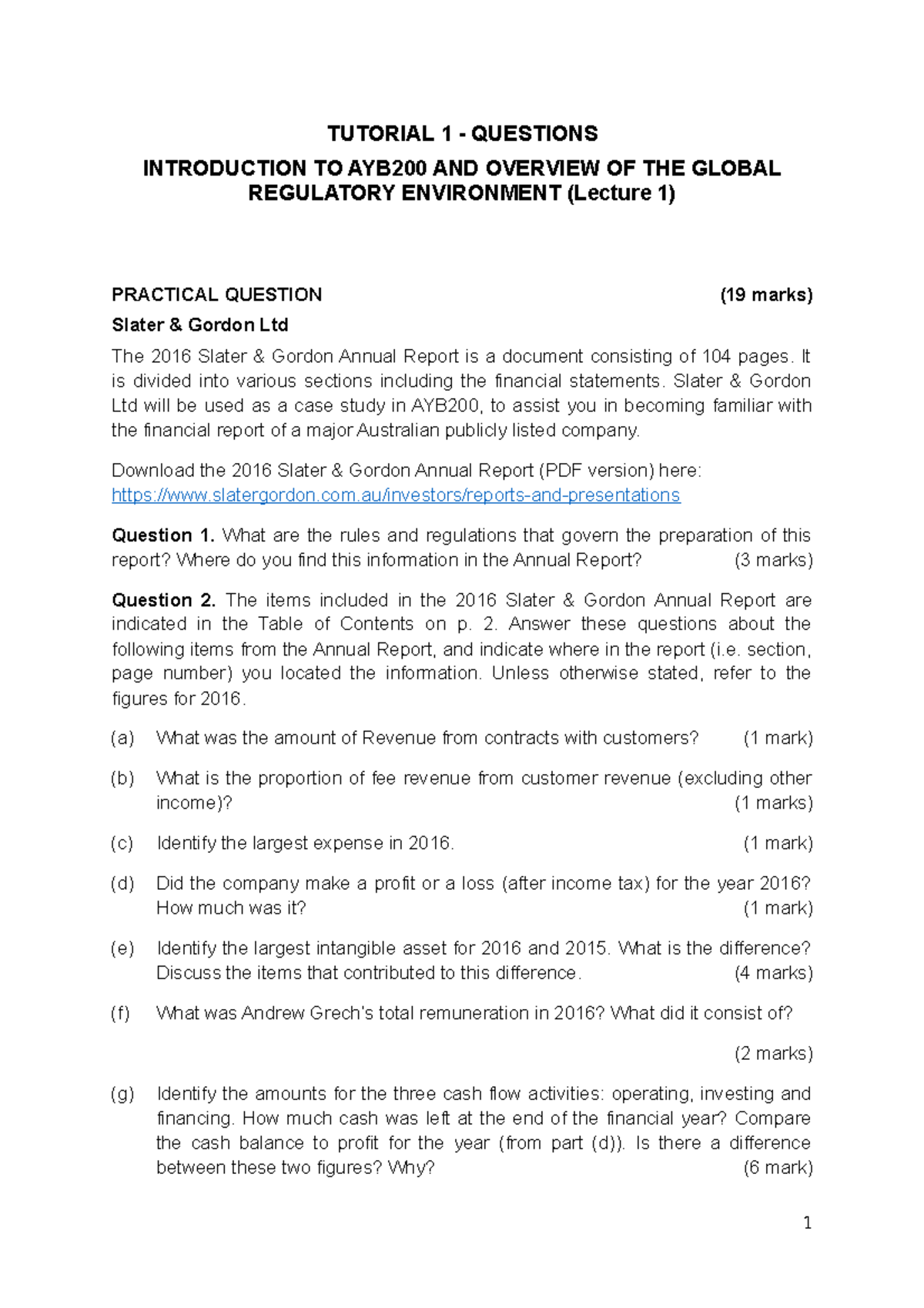 AYB200-2019-1 L1 Tutorial Questions - TUTORIAL 1 - QUESTIONS INTRODUCTION TO AYB200 AND OVERVIEW ...