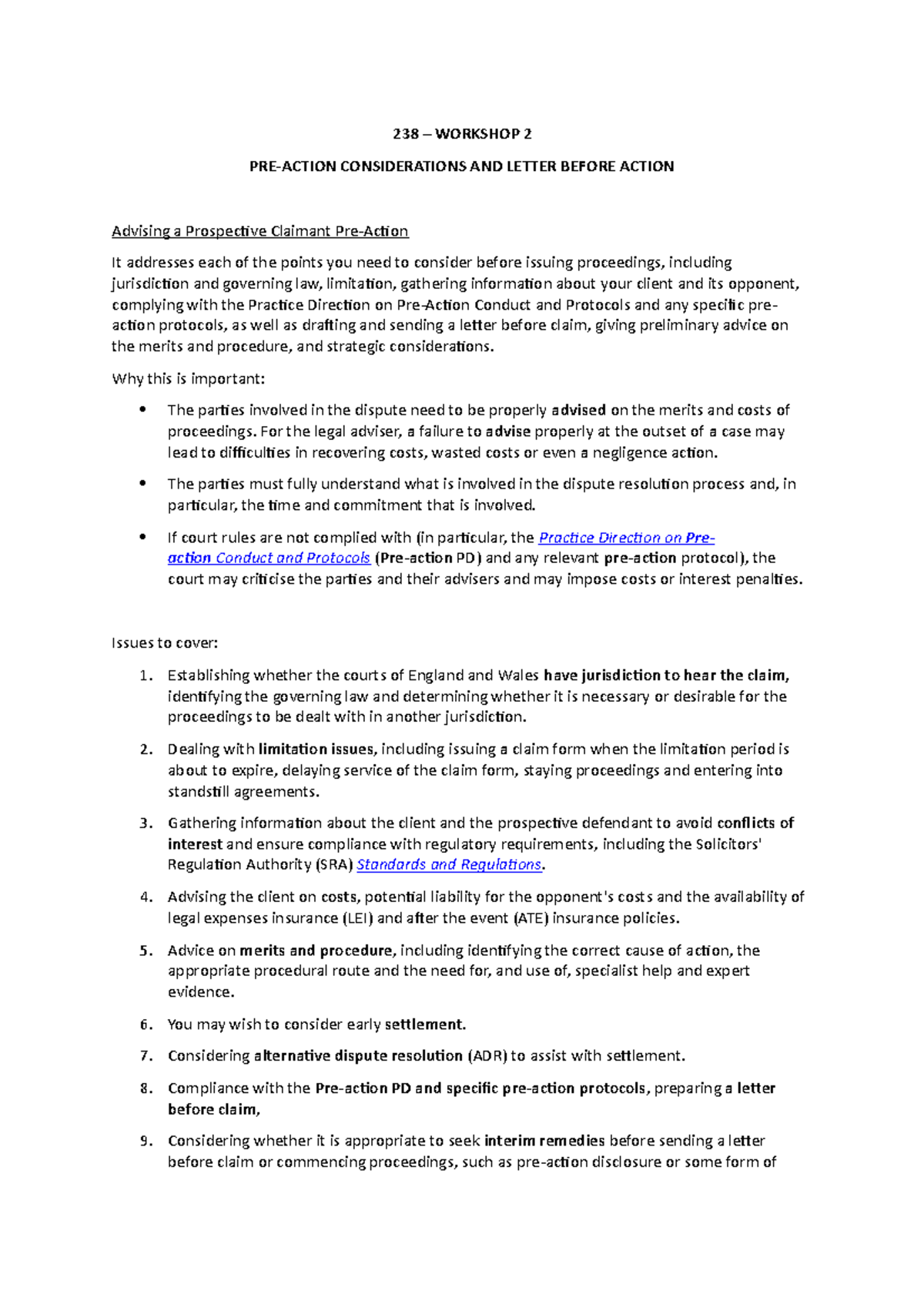 238 - Workshop 2 - Reading - 238 – WORKSHOP 2 PRE-ACTION CONSIDERATIONS ...