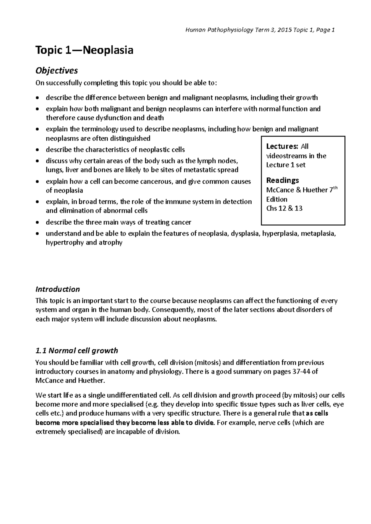 Topic 1 Neoplasia - study guide wk 1 - To p i c 1—Neoplasia Objectives ...