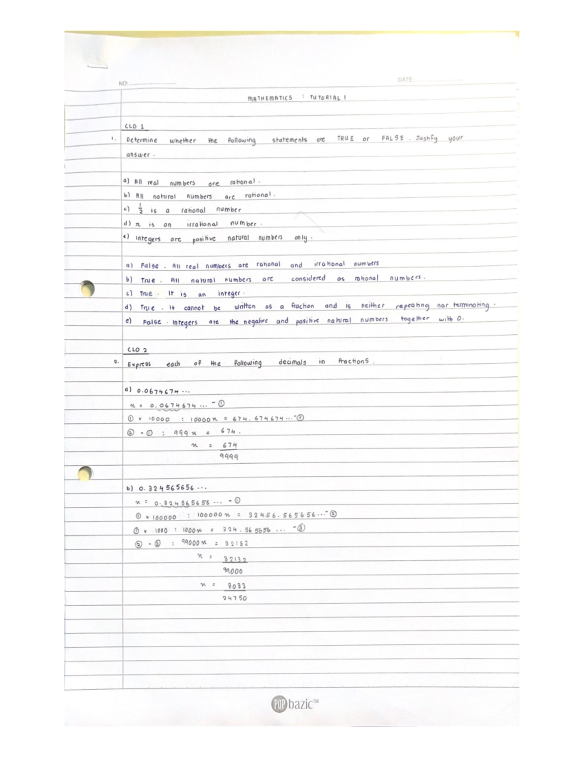 Tutorial LU1 - lu1 - NO: DATE MATHEMATICS TUTORIAL I CLO 1 1. Determine ...