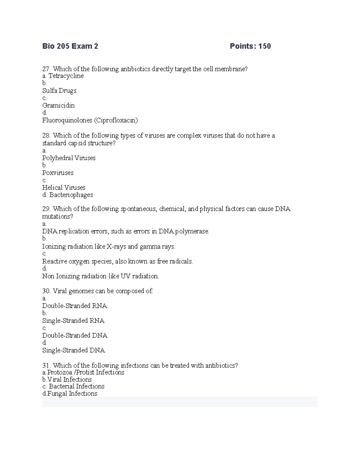 Bio 205- exam 2 part 5 - Bio 205- exam 2 - Bio 205 Exam 2 Points: 150 ...