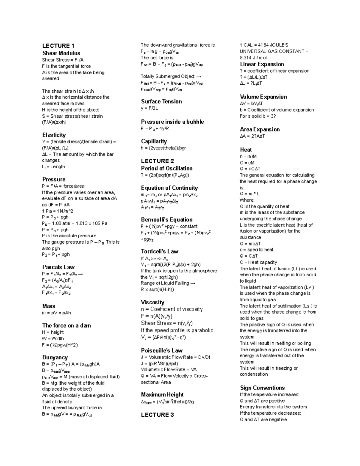 Equations Needed - Formula Sheet for Midterm 1 - LECTURE 1 Shear ...