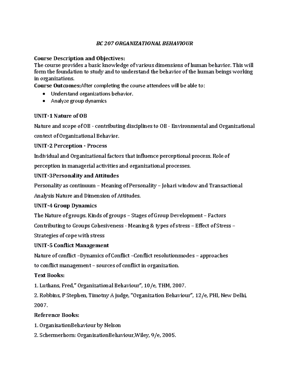 BC207 - this - BC 207 ORGANIZATIONAL BEHAVIOUR Course Description and ...