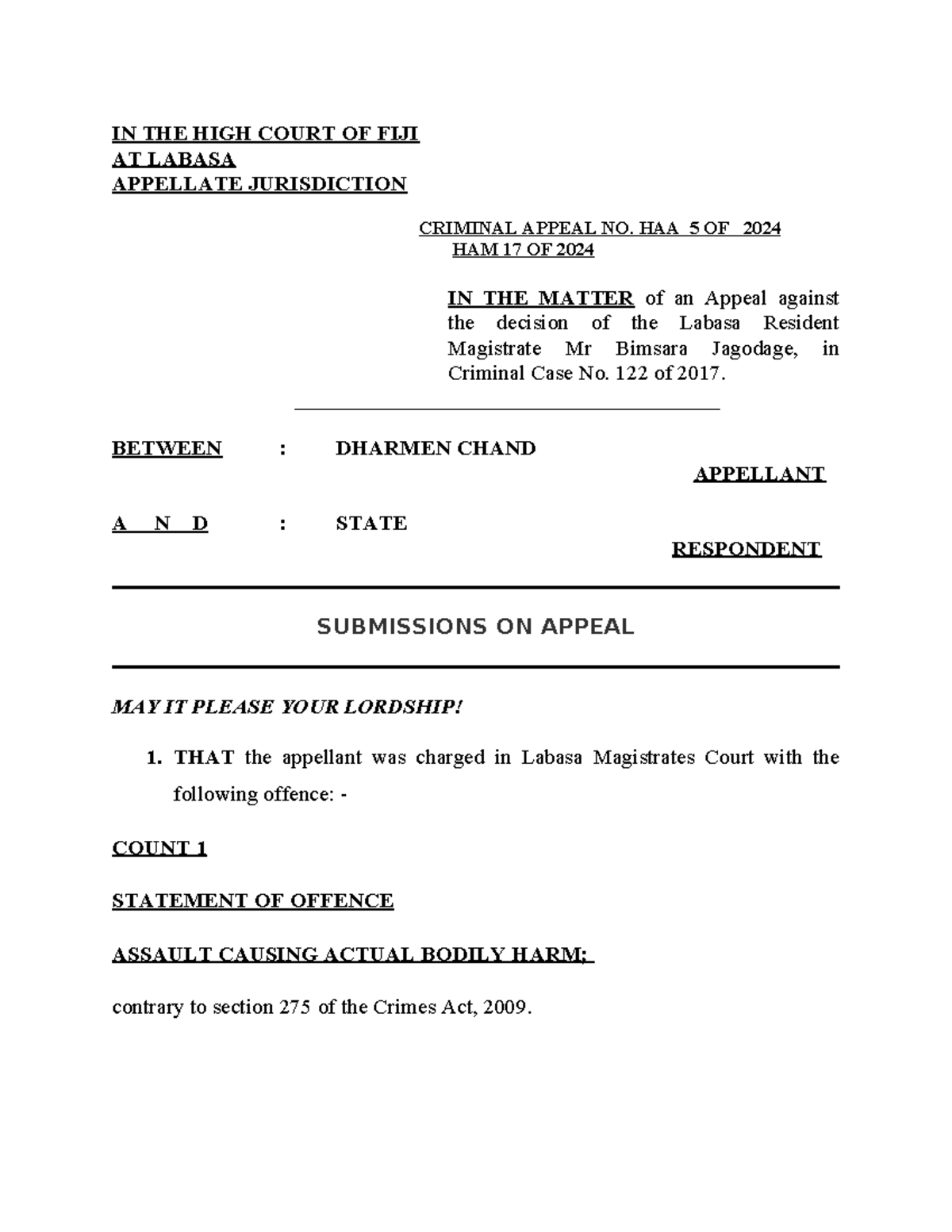Dharmen Bail Appeal - IN THE HIGH COURT OF FIJI AT LABASA APPELLATE ...