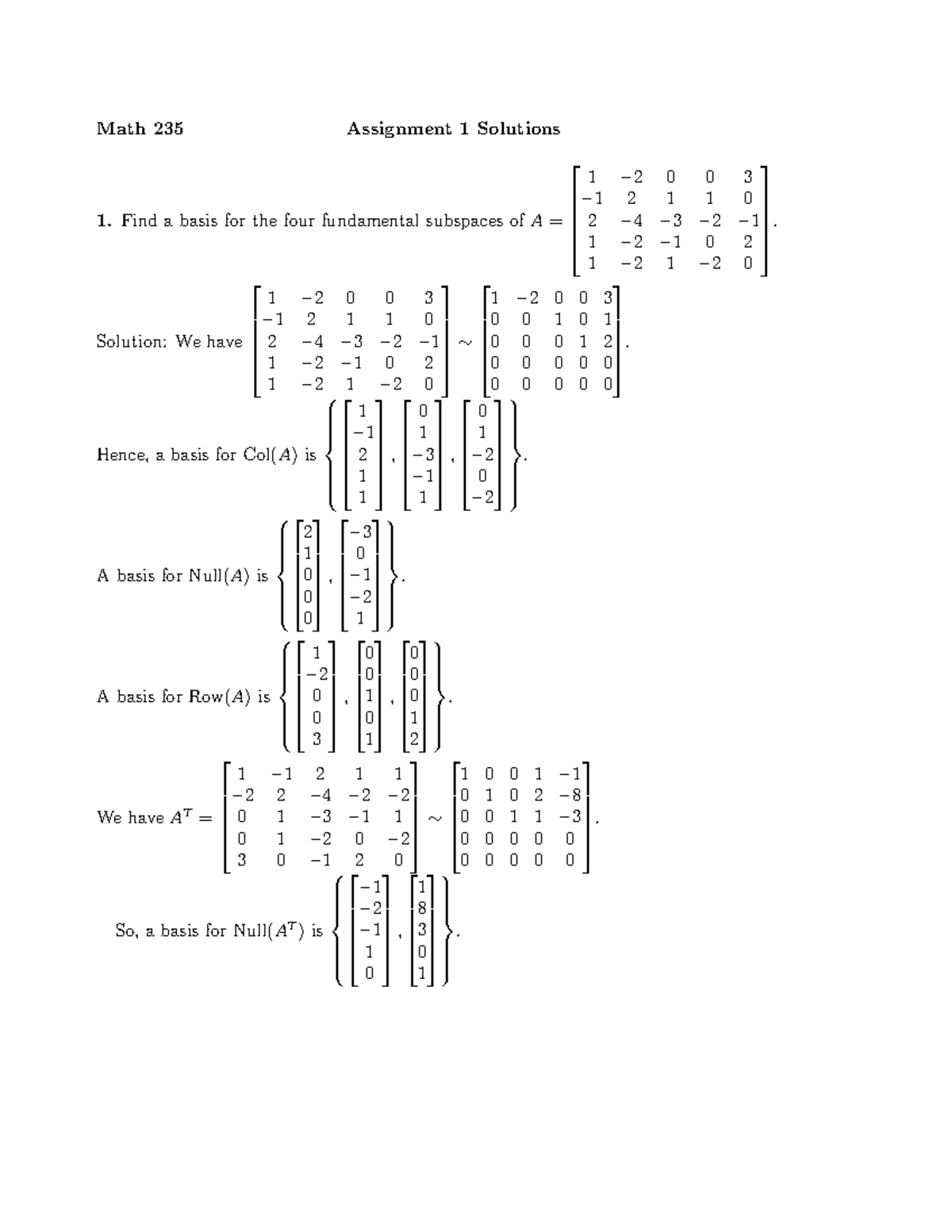 A1 Solution - assignment - Math 235 Assignment 1 Solutions Find a basis ...