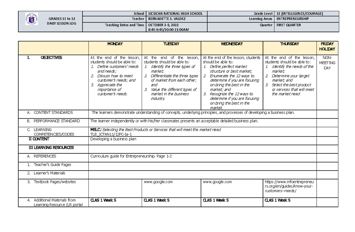 6TH WEEK DLL OCT 3 TO 6 - DLL FBS WEEK 6 - GRADES 11 to 12 DAILY LESSON ...
