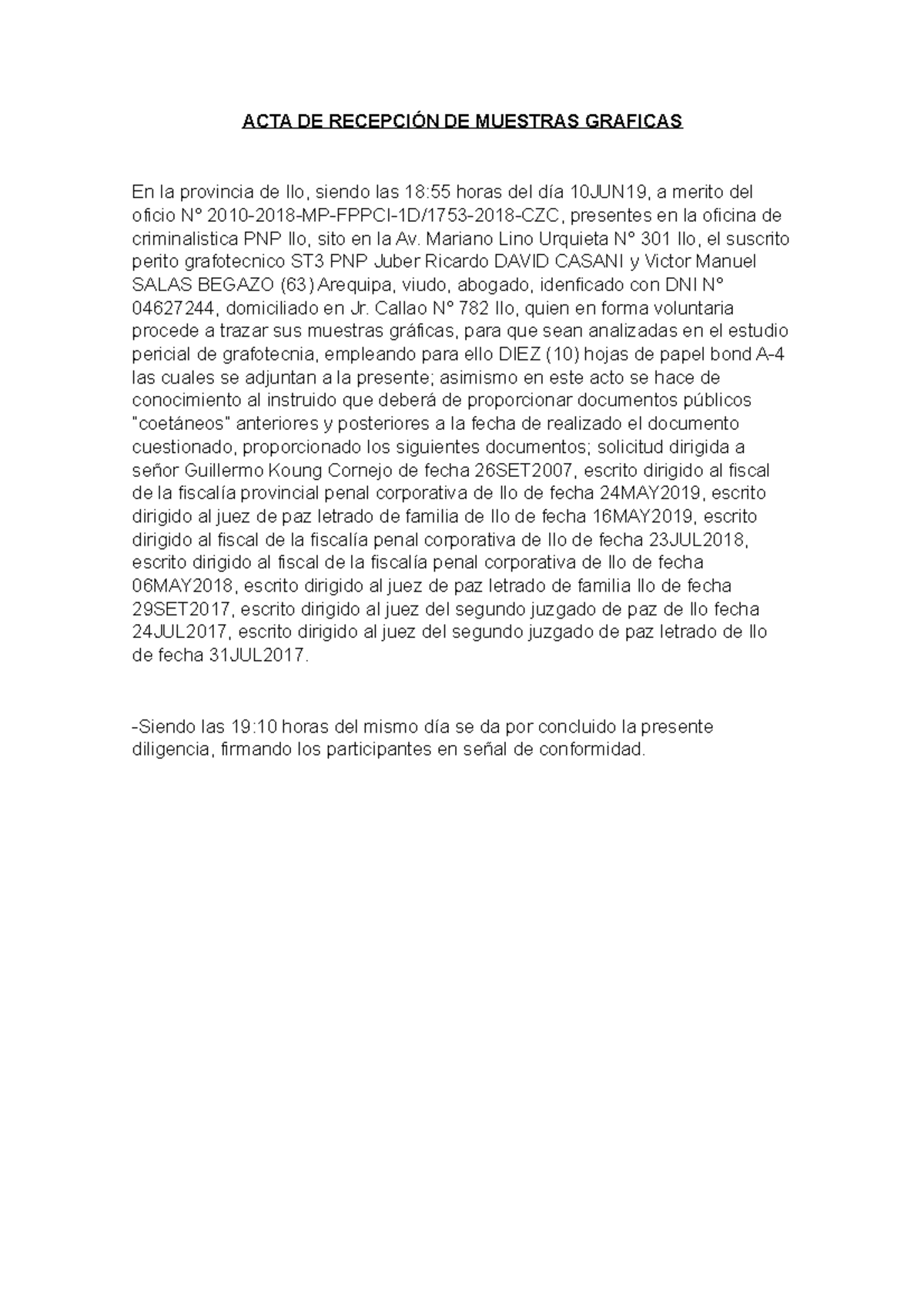 ACTA DE Recepción DE Muestras Graficas - ACTA DE RECEPCIÓN DE MUESTRAS ...