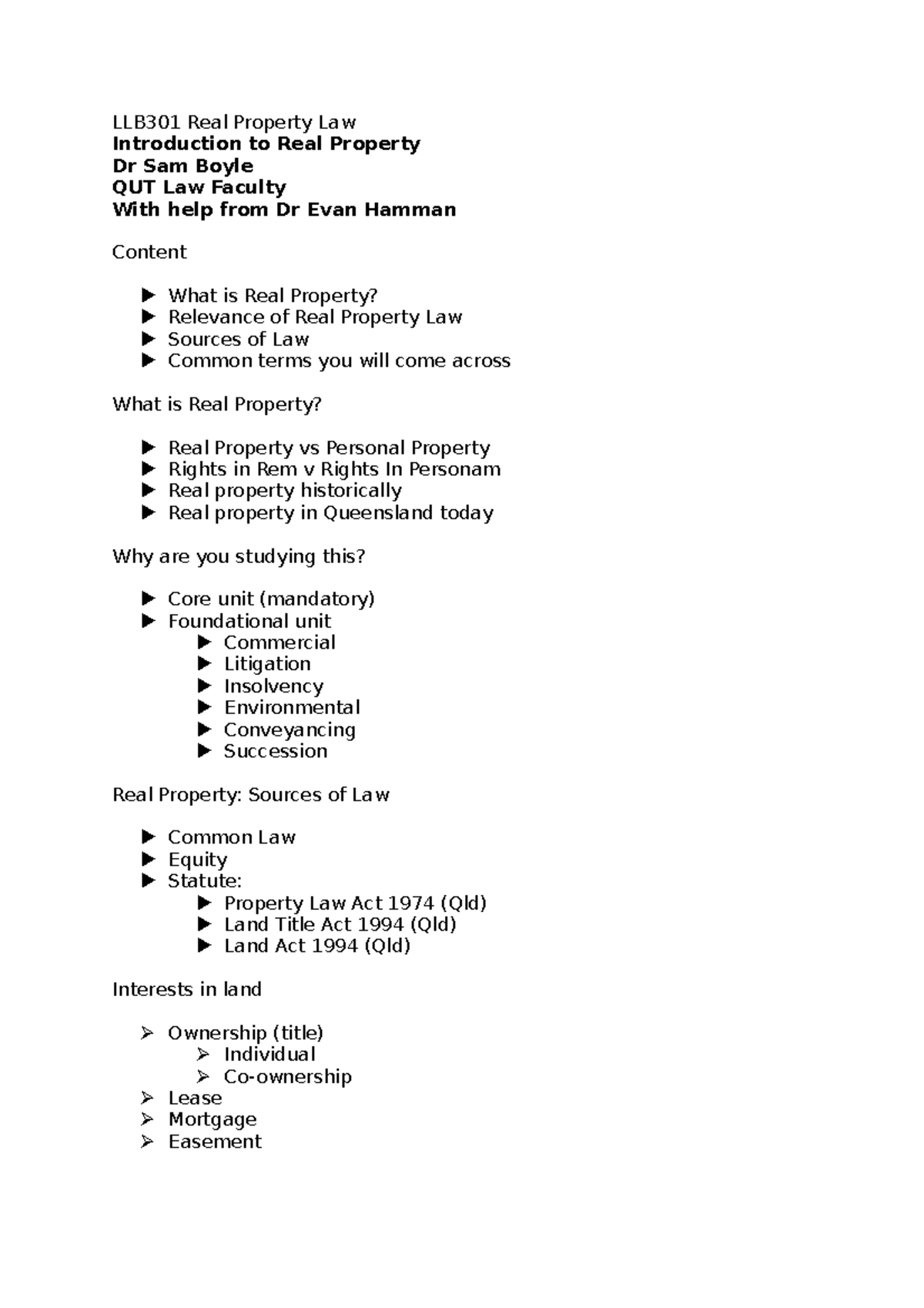 LLB301 Real Property Law Lecture 1 Week 1 - LLB301 Real Property Law ...
