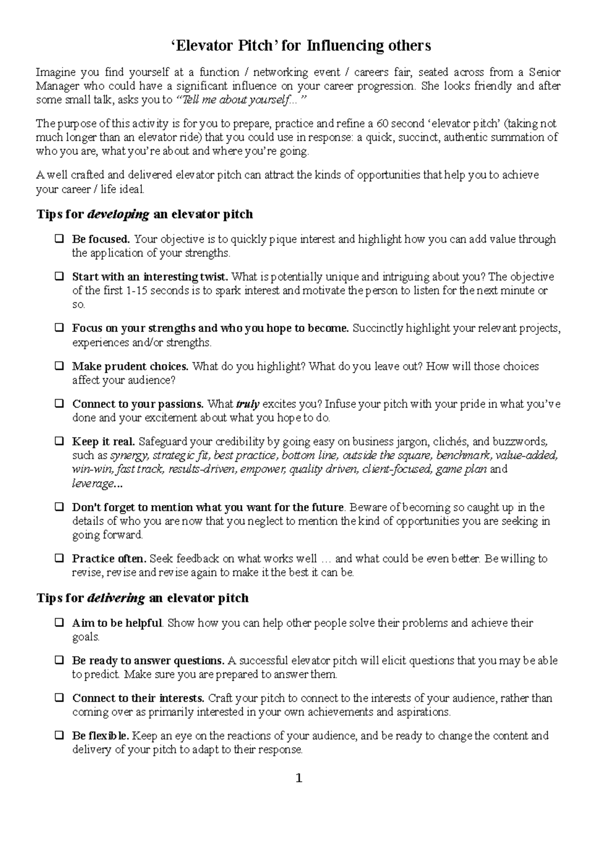 Elevator Pitch worksheet Final-1 - ‘Elevator Pitch’ for Influencing ...
