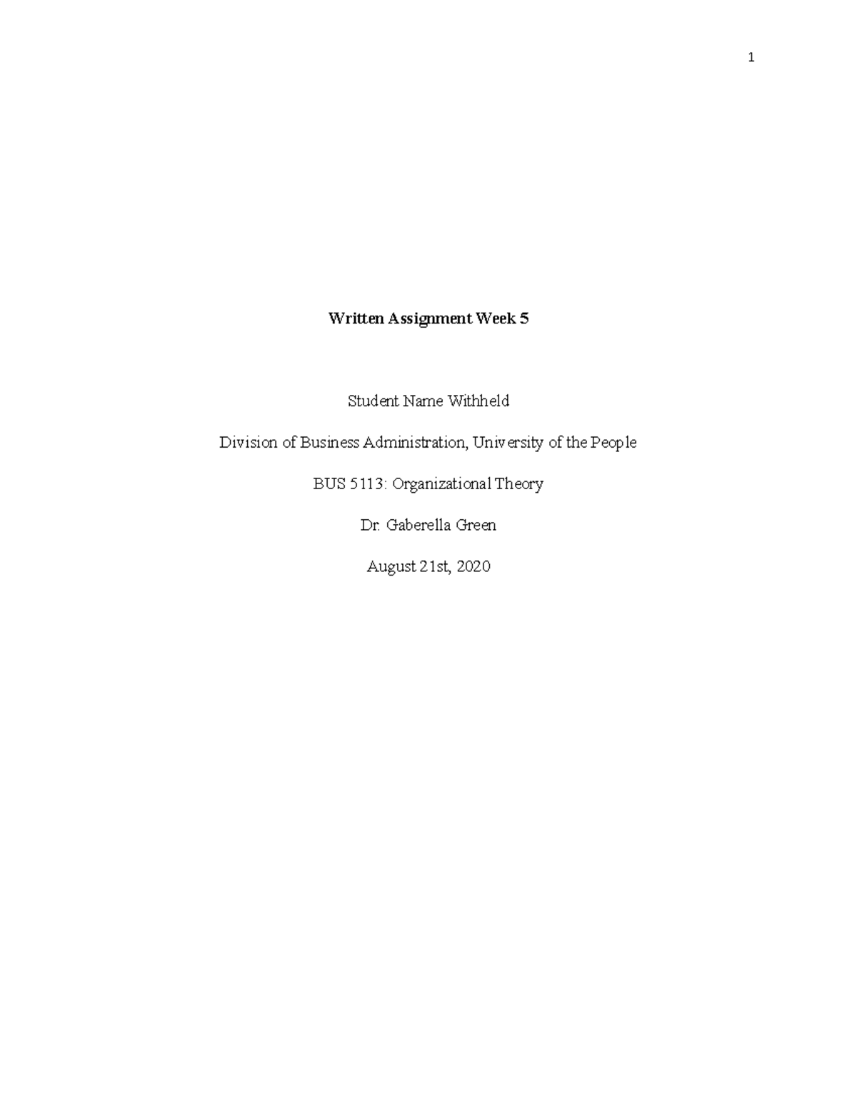 Written Assignment Week 5 - BUS 5110 - UoPeople - Studocu