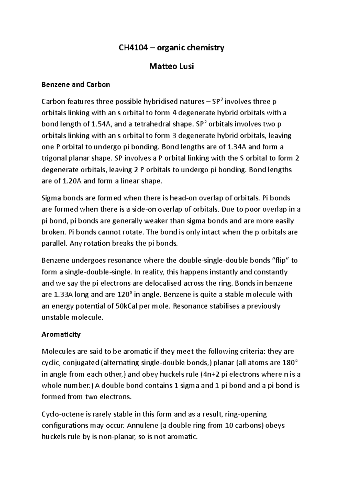 Lecture 1 (a) - Given by Matteo Lusi. - CH4104 – organic chemistry ...