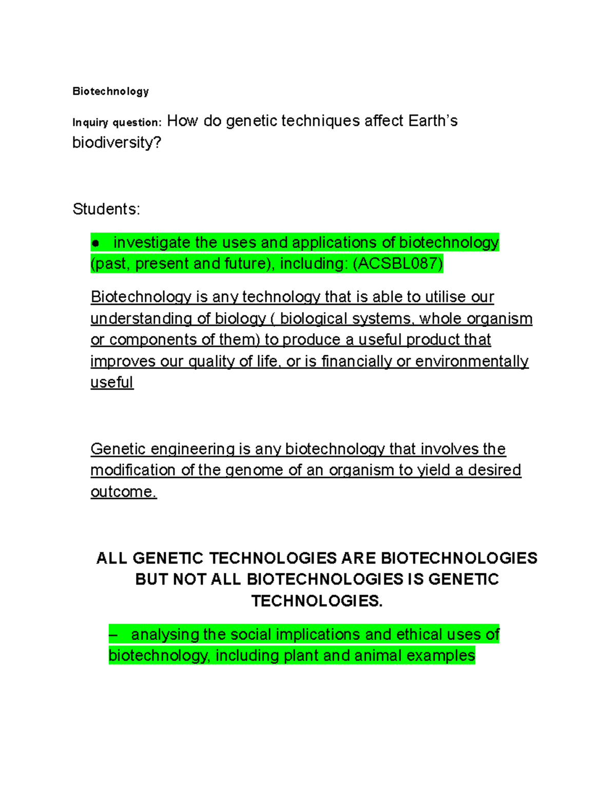 Module 6 Notes - Biotechnology Inquiry question: How do genetic ...