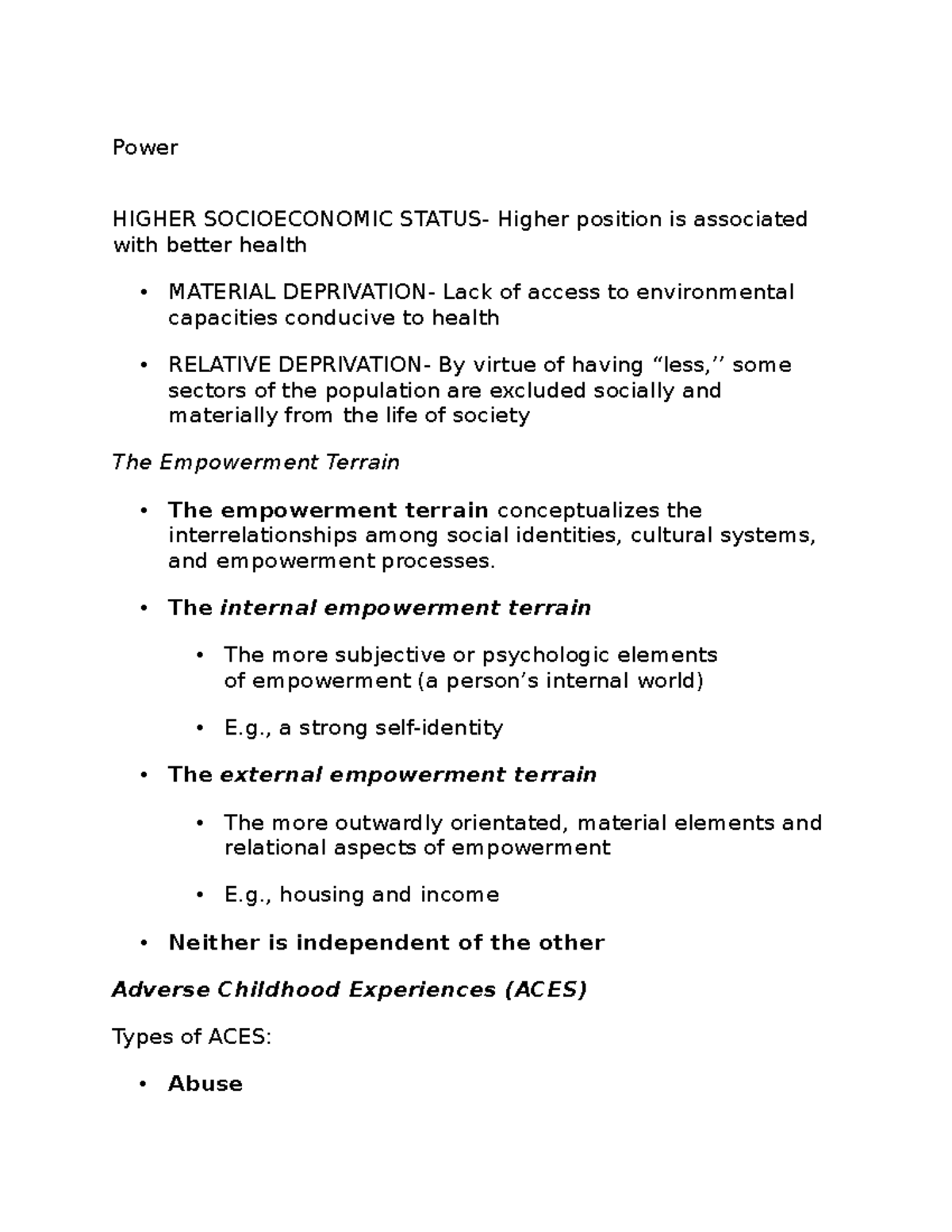 Power - week 3 notes pt.2 - Power HIGHER SOCIOECONOMIC STATUS- Higher ...