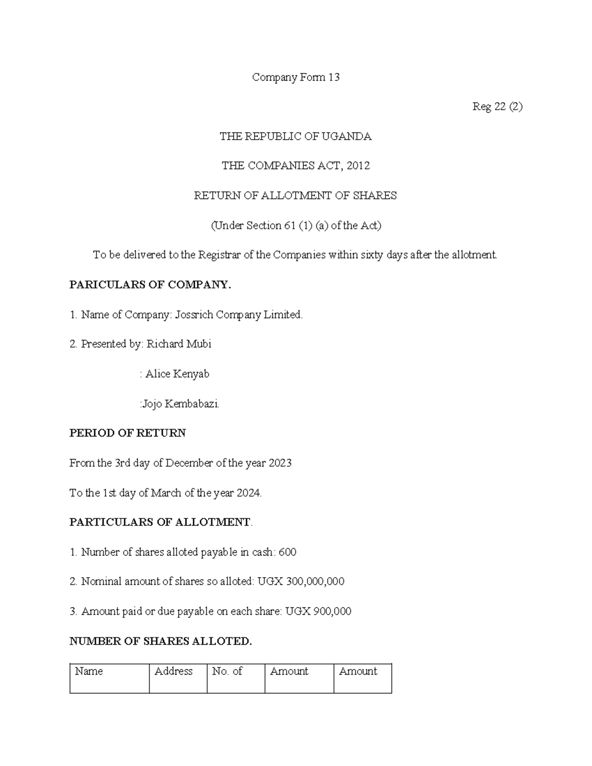 Group 2 Workhop 1 Documents - Company Form 13 Reg 22 (2) THE REPUBLIC ...