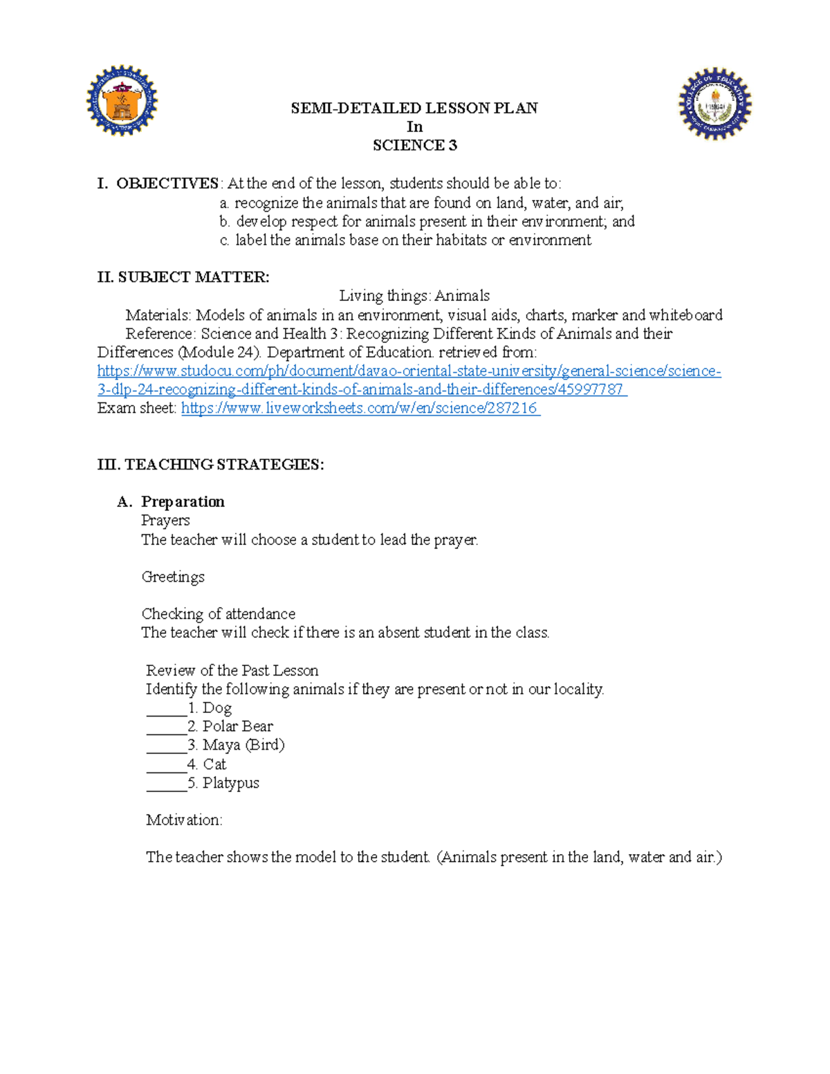 Lesson-PLAN-1 - Lesson Plan - SEMI-DETAILED LESSON PLAN In SCIENCE 3 I ...