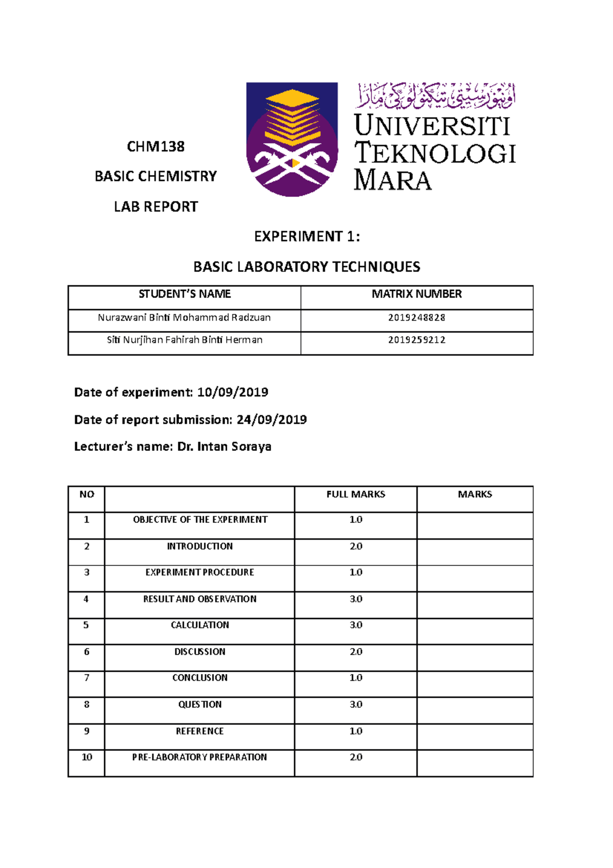 CHM138 LAB Report 1 - CHM BASIC CHEMISTRY LAB REPORT EXPERIMENT 1 ...