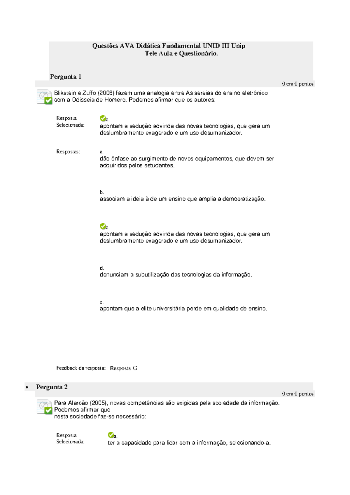 Questionários AVA UNID III Didática Fundamental - Questões AVA Didática Fundamental UNID III ...