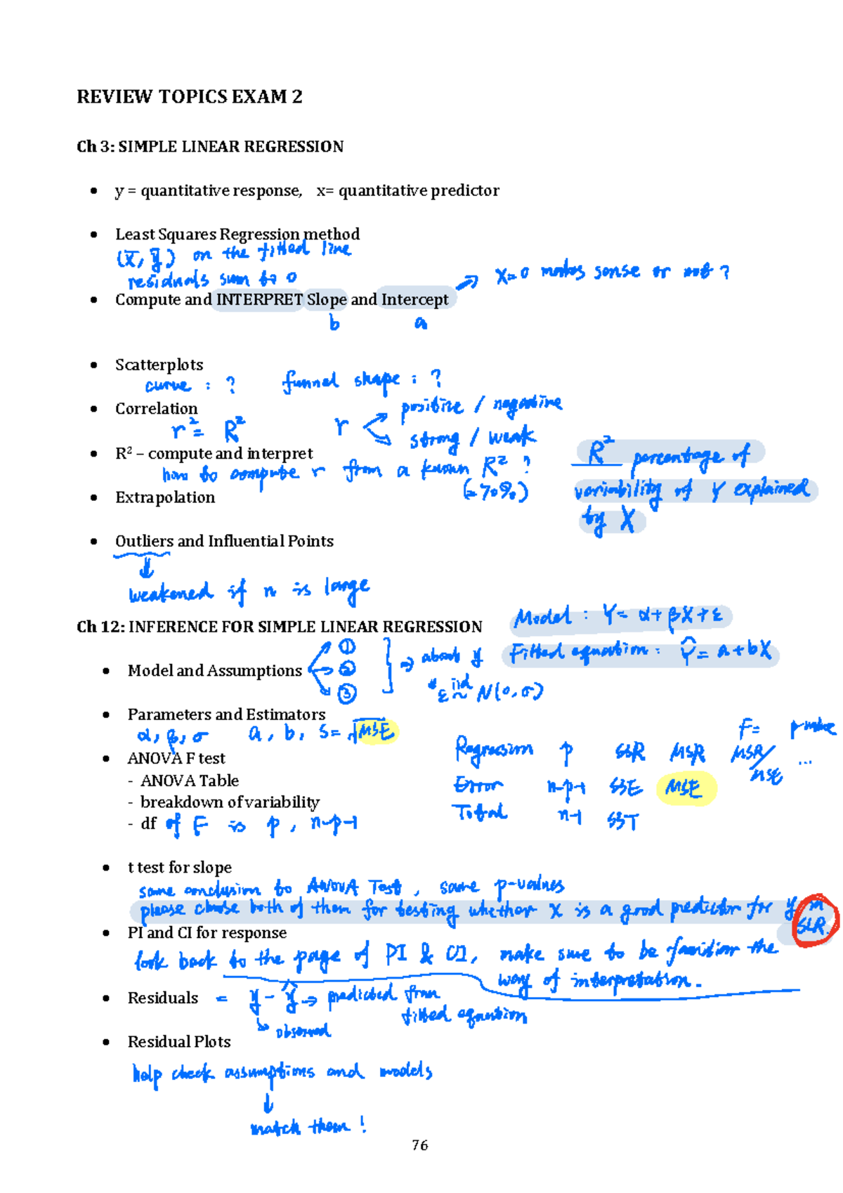 STA 3024 Review EXAM2 - examples - 76 REVIEW TOPICS EXAM 2 Ch 3: SIMPLE LINEAR REGRESSION y ...