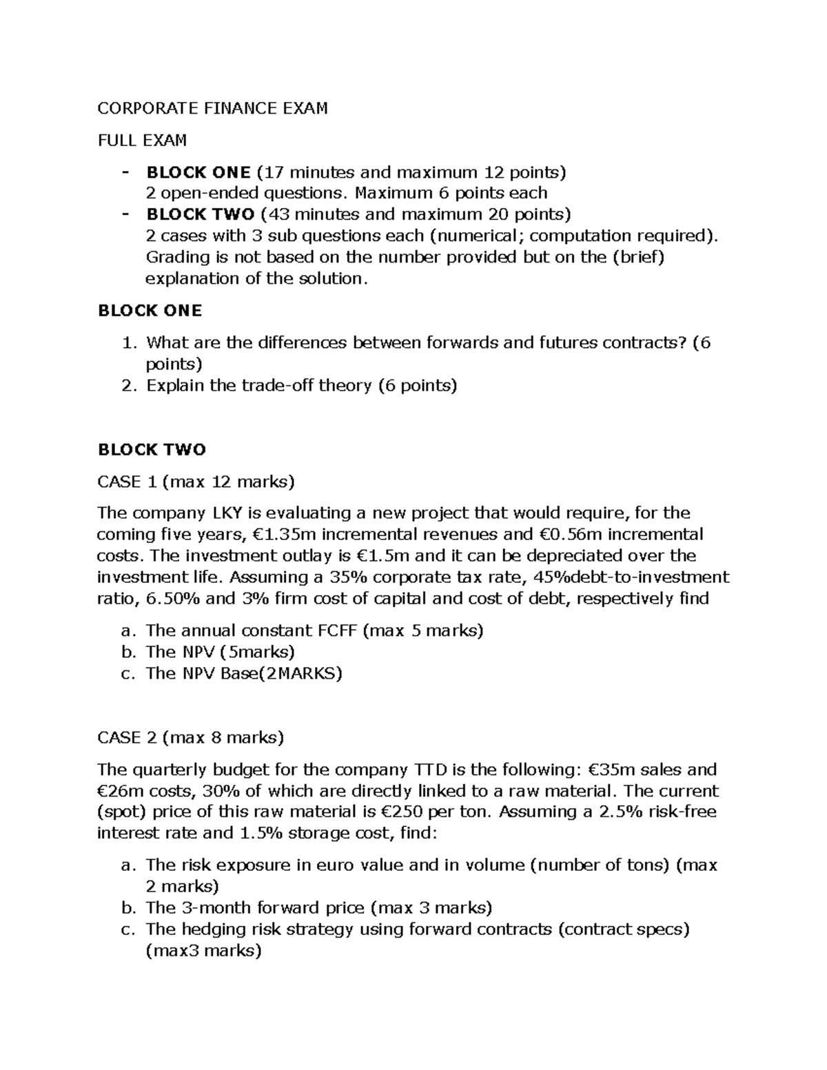 Corporate Finance FULL EXAM - CORPORATE FINANCE EXAM FULL EXAM - BLOCK ...