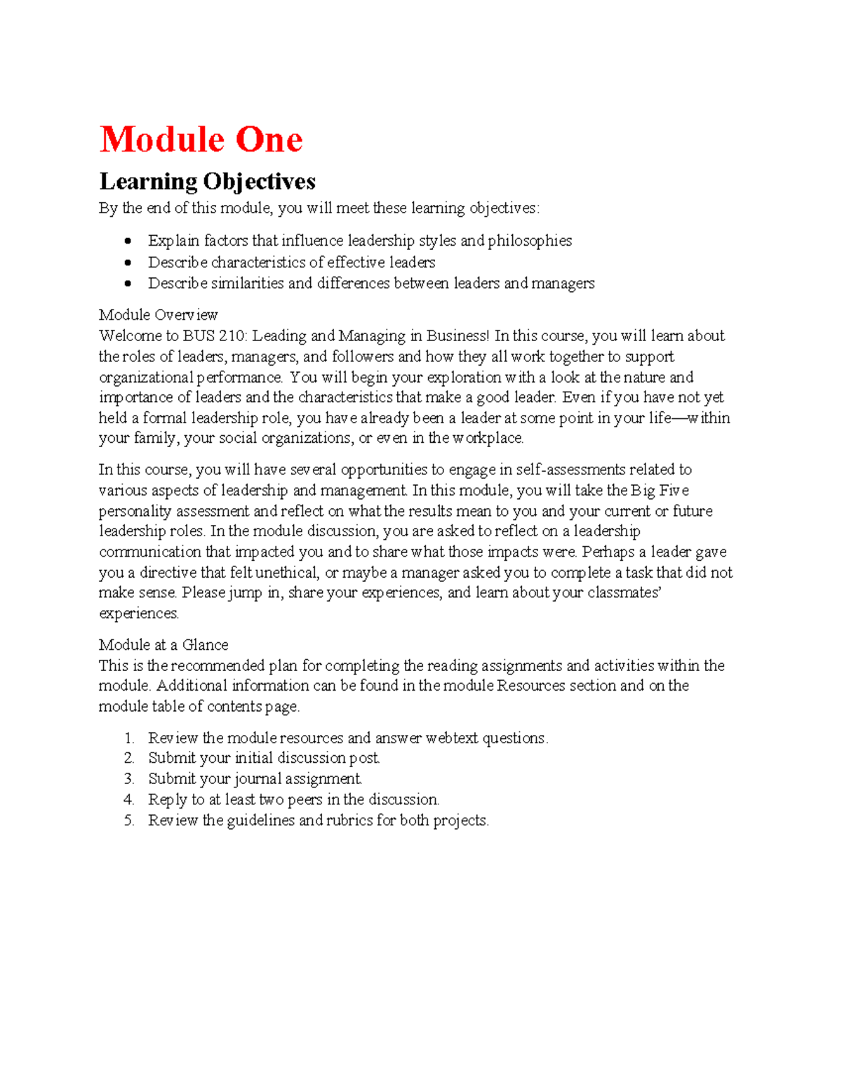 Module ONE Introducton - Module One Learning Objectives the end of this ...