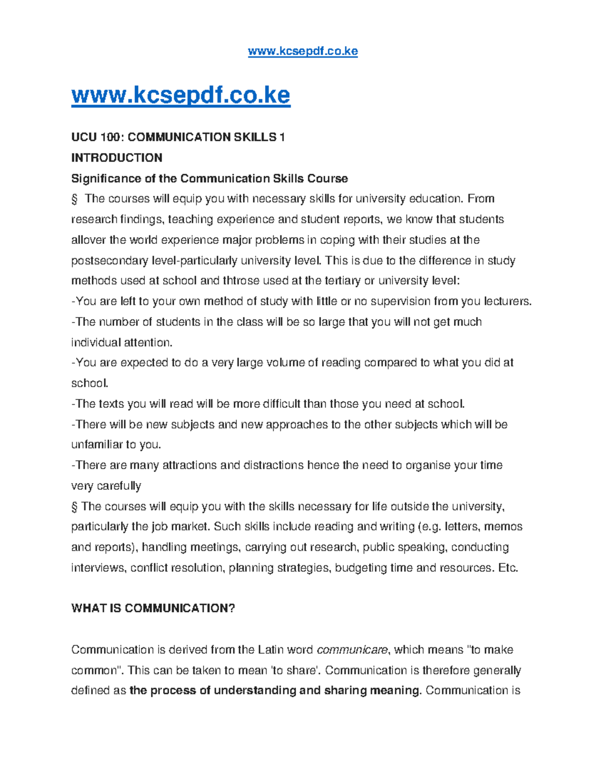 UCU 100 Communication Skills Notes - kcsepdf.co UCU 100: COMMUNICATION ...