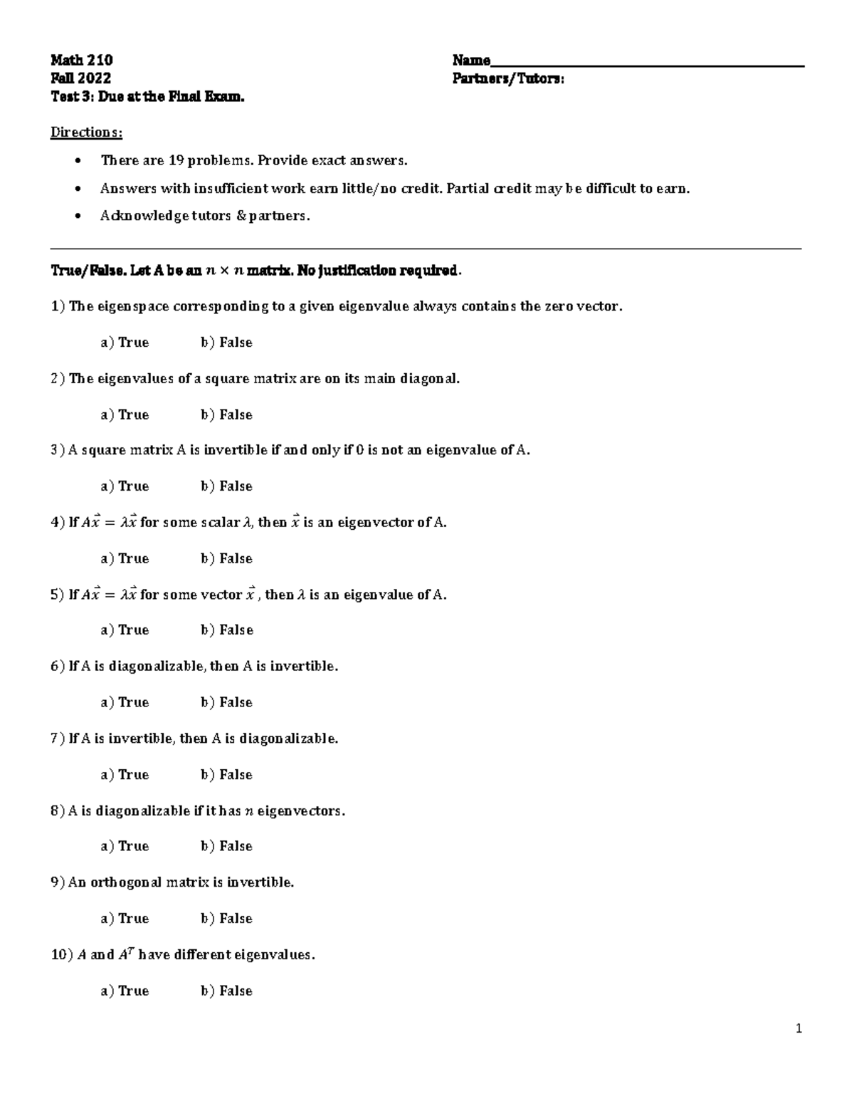 Linear Algebra Study Guides - Math 210 Name
