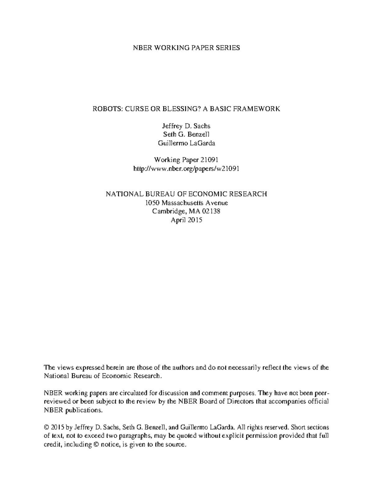 Sachs et al2015 - Paper - NBER WORKING PAPER SERIES ROBOTS: CURSE OR ...