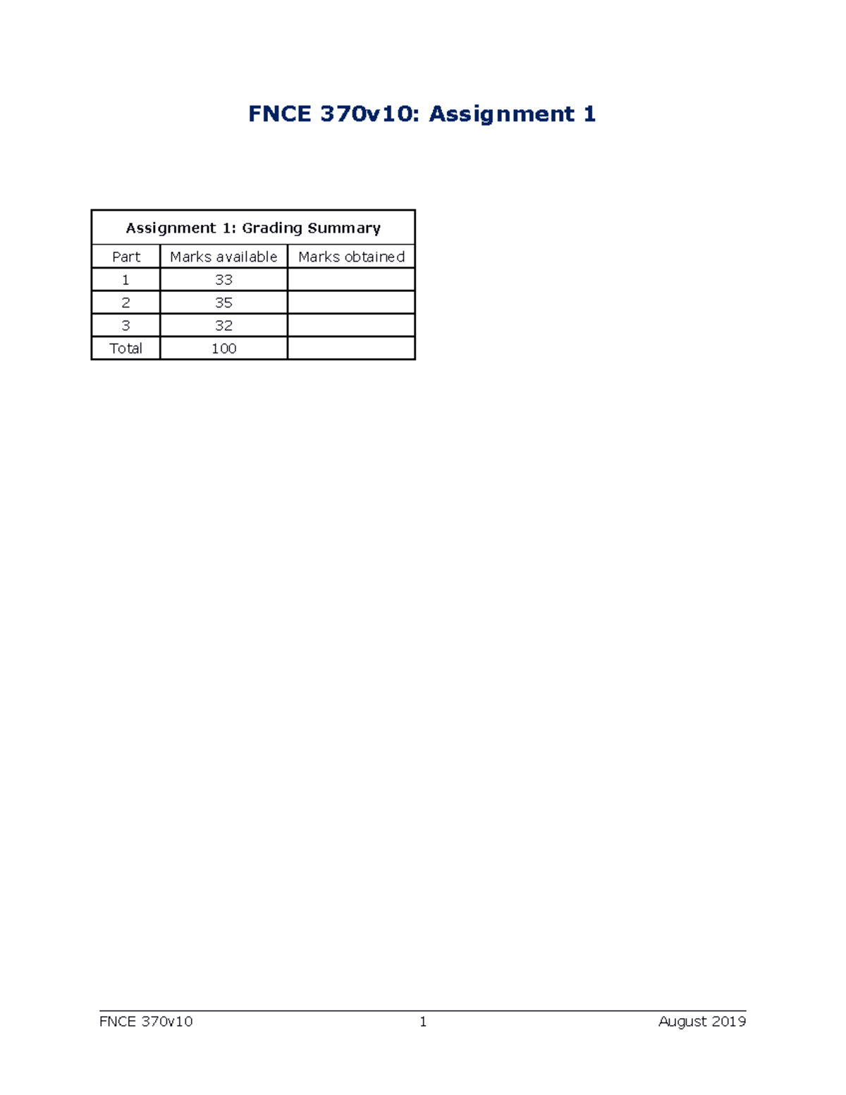 Assignment 1 - assign 1 - FNCE 370v10: Assignment 1 Assignment 1 ...