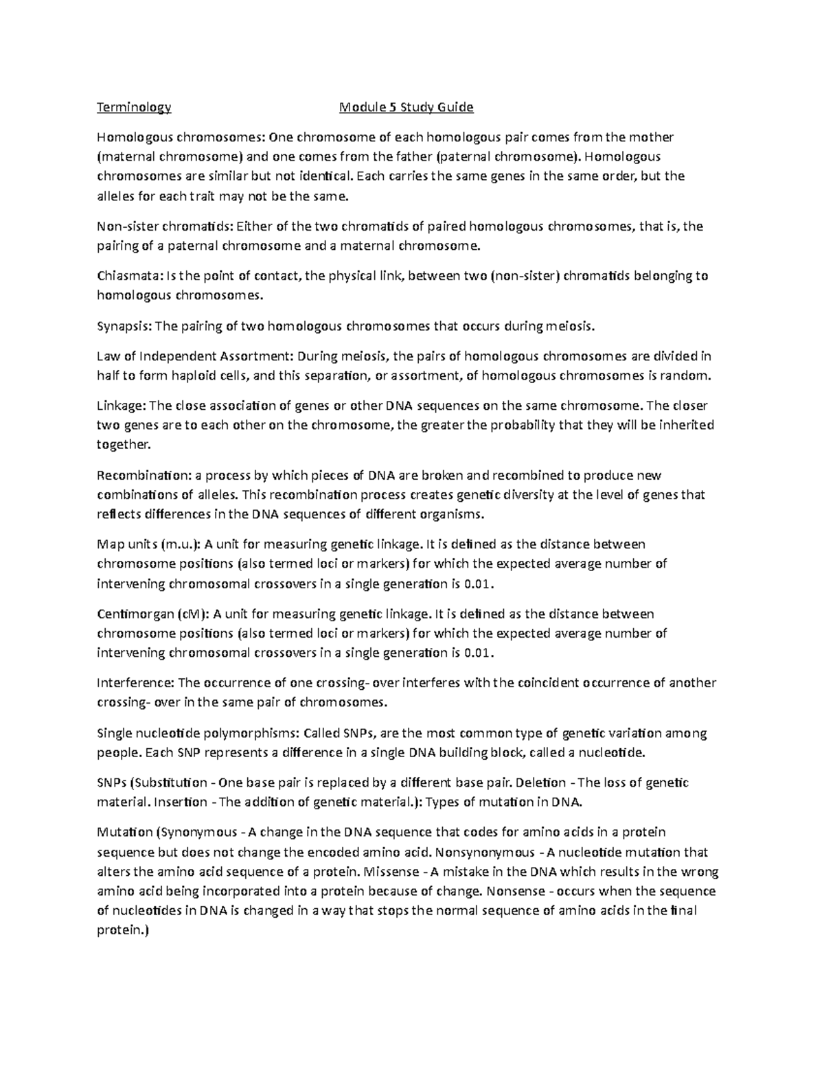 Module 5 Study Guide - Terminology Module 5 Study Guide Homologous ...