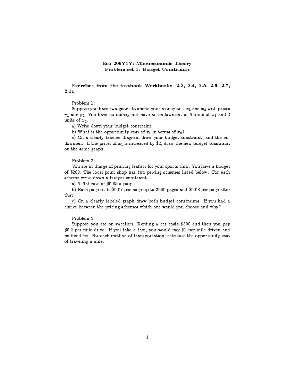 206 Summer 2015 Problem Set 1- Budget Constraints - Eco 206Y1Y: Microeconomic Theory Problem set ...