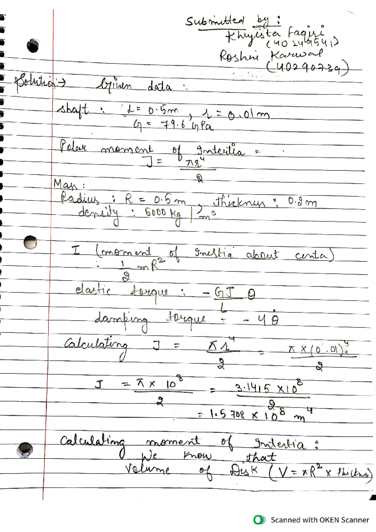 ENgr 213 project - Submitted : Khyista faqiri Roshni Karwal (40290739) Solution Given data shaft ...