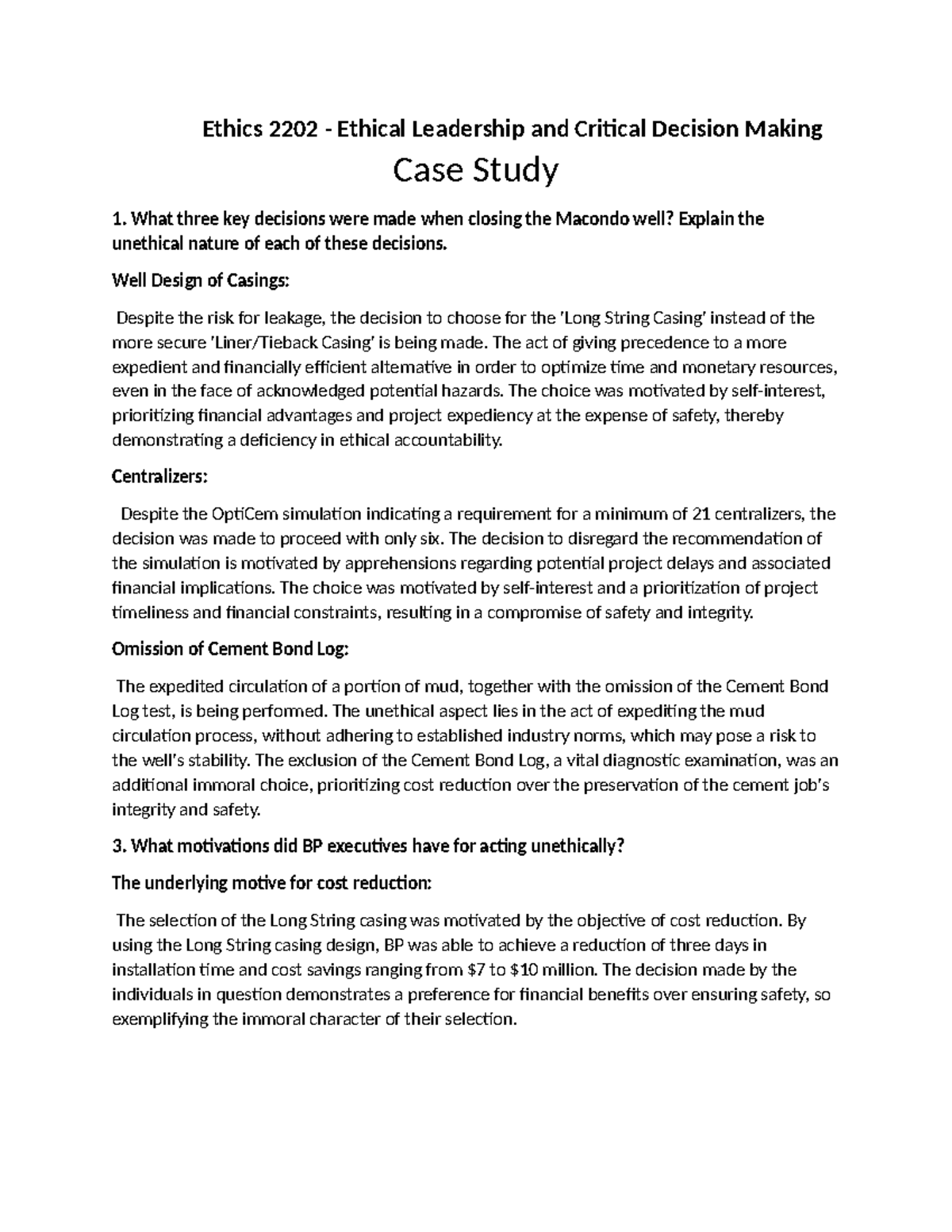 Assignment 3 100924330 - Ethics 2202 - Ethical Leadership and Critical Decision Making Case ...