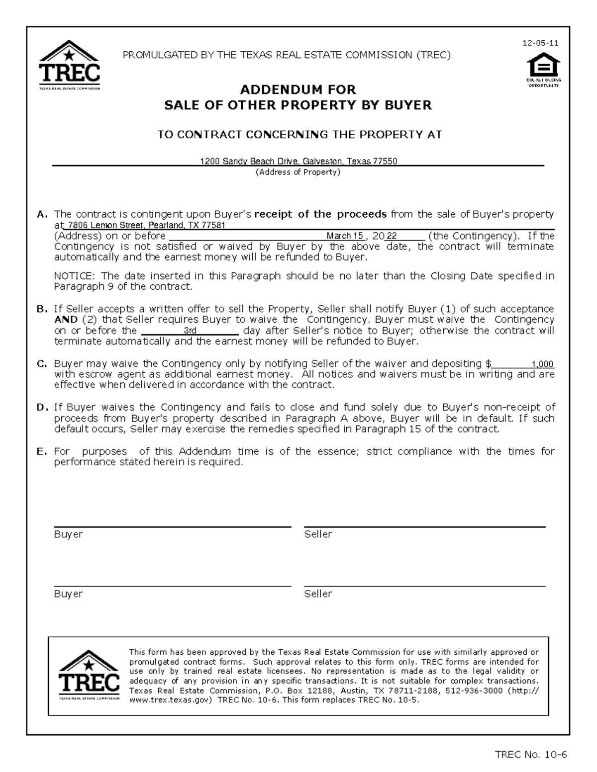 Addendum for Sale of Other Property by Buyer - 12-05- TREC No. 10- A ...