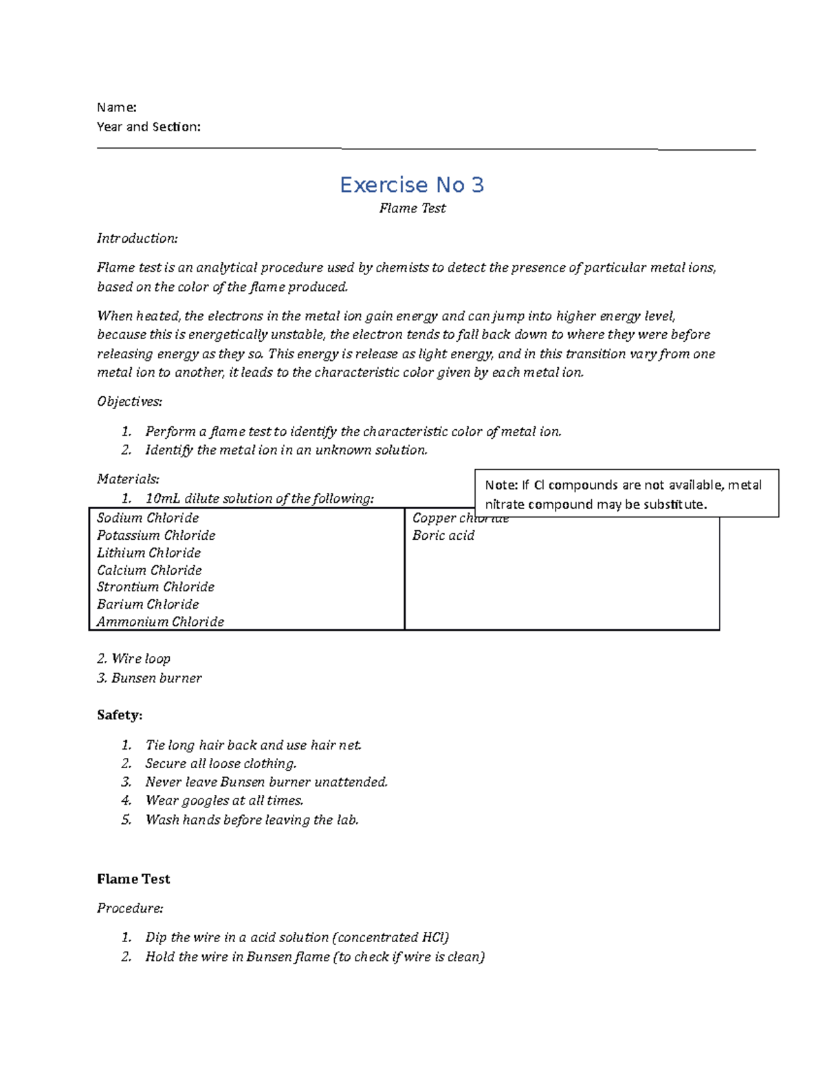 Exercise 3 (Flame test) - Name: Year and Section: Exercise No 3 Flame ...